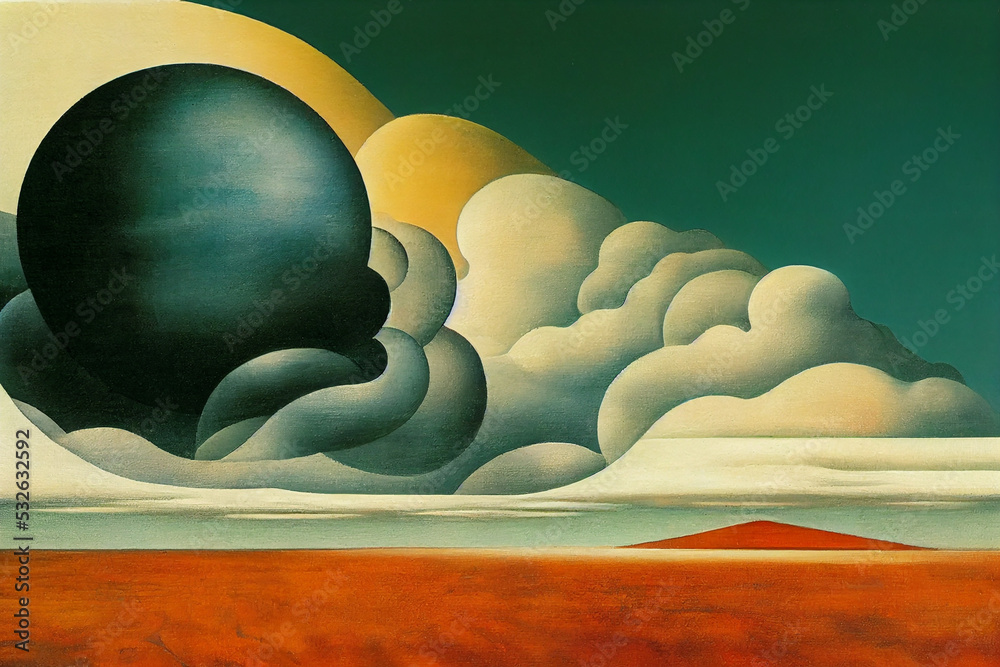 Clouds and planet in sky. Salvador Dali surrealism inspiration painting ...