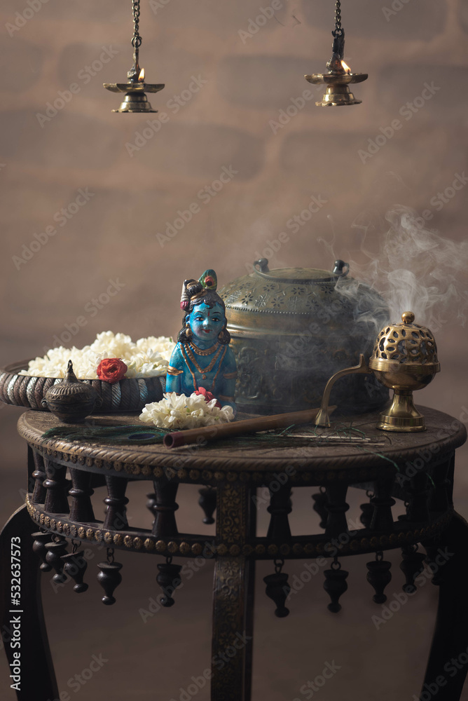 Pooja Setup to celebrate krishna Jayanti Stock Photo | Adobe Stock