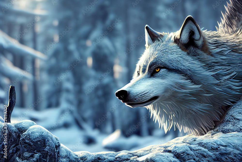 Majestic gray wolf sitting down surrounded by magical snow. Majestic ...