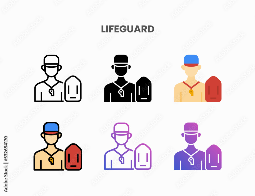 Lifeguard people icon set with line, outline, flat, filled, glyph ...