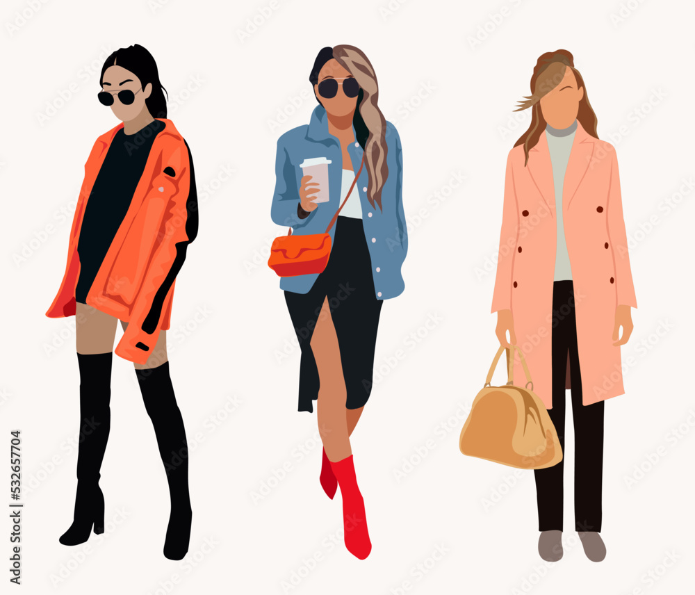 Street fashion girls vector illustration. Young women wearing trendy ...