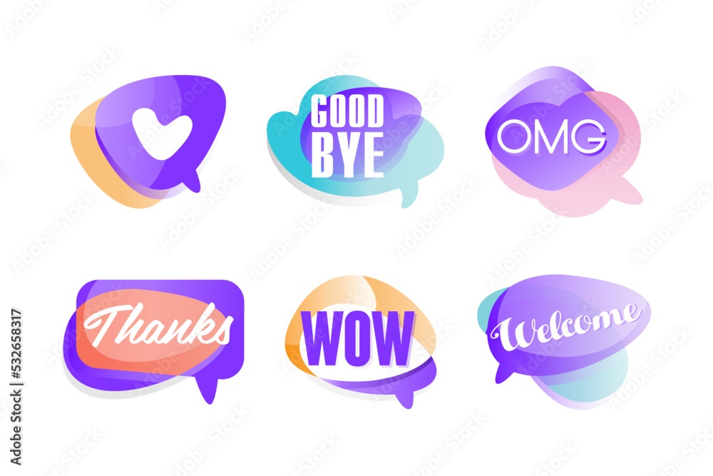 Set of talk expressions in speech bubbles. Good bye, omg, thanks, wow ...