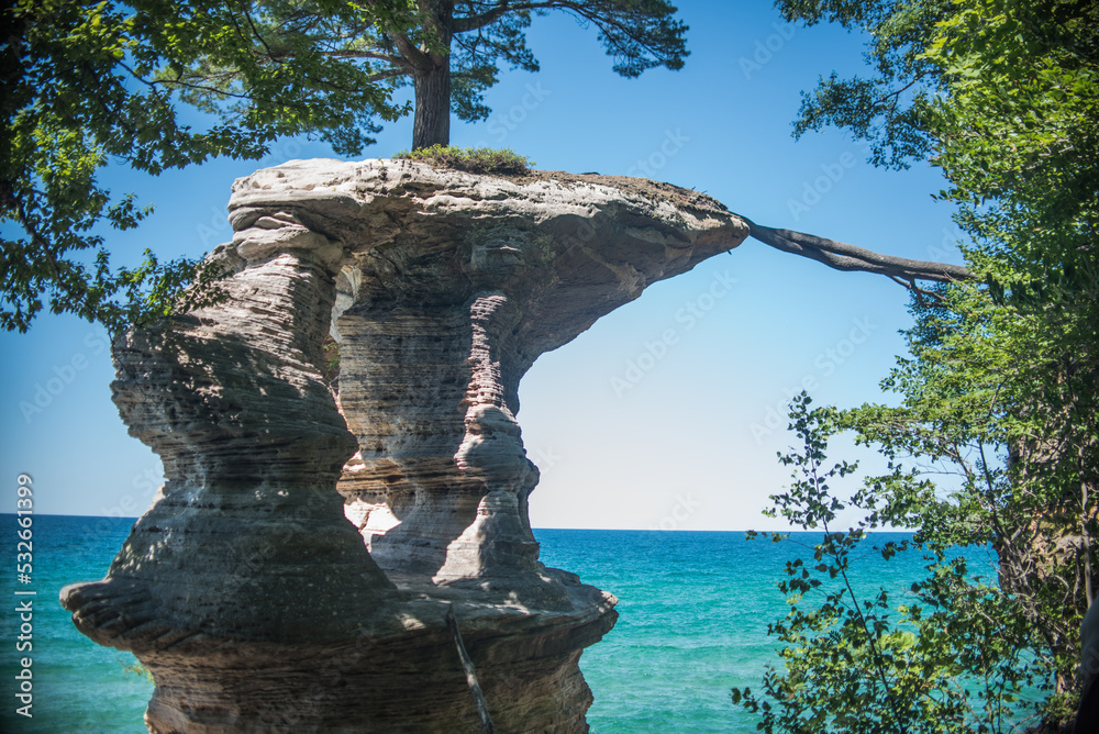 Pictured Rocks cliffs with the tree growing on the rock in the Upper ...