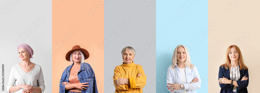 Group of positive mature women on color background. Concept of ageing ...
