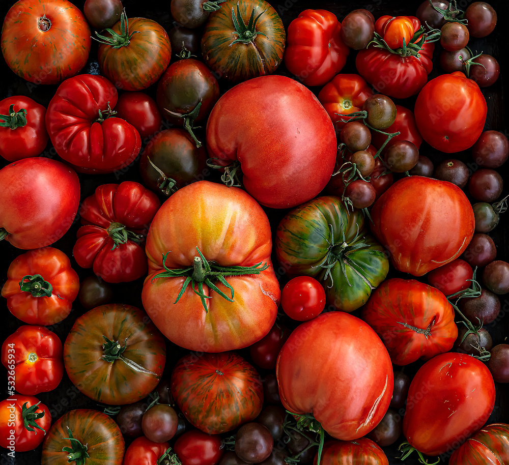 Multicolored tomatoes of different sizes and types, top view ...