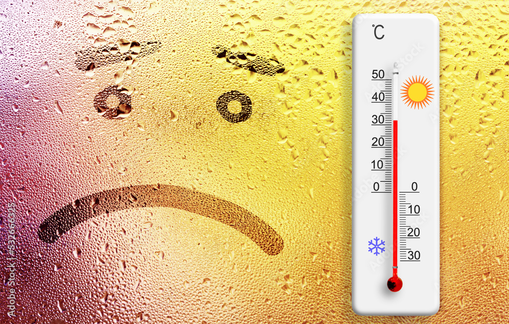 Rainy day. The sadness emoji and thermometer on the wet window. Ambient ...