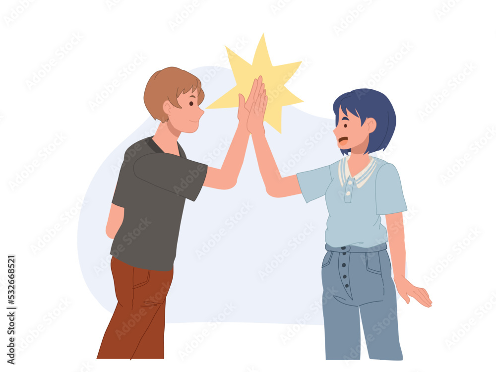 Friends meet and support each other by clapping their palms. Giving ...