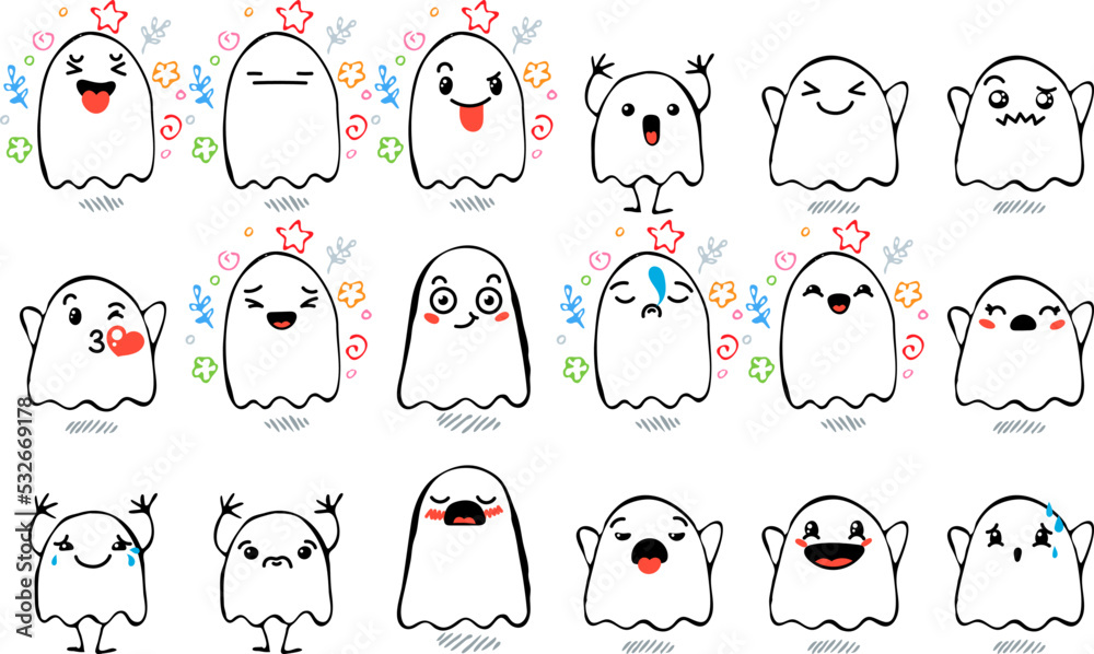Set of Various Cartoon Ghosts with Emoticons. Doodle ghouls, eyes and ...