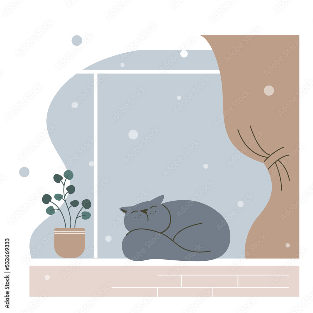 Cute cartoon cat sleeping in a window. Vector winter illustration ...