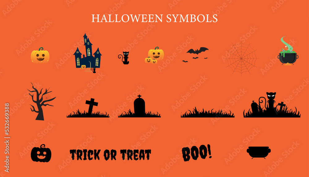 Halloween symbols, pumpkin, haunted house with ghost, black cat bat ...
