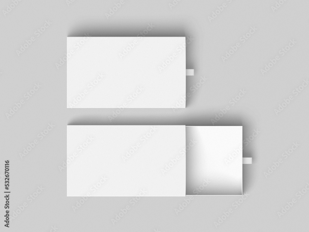 Two sliding drawer box packaging mockups. 3D illustration object. Top ...
