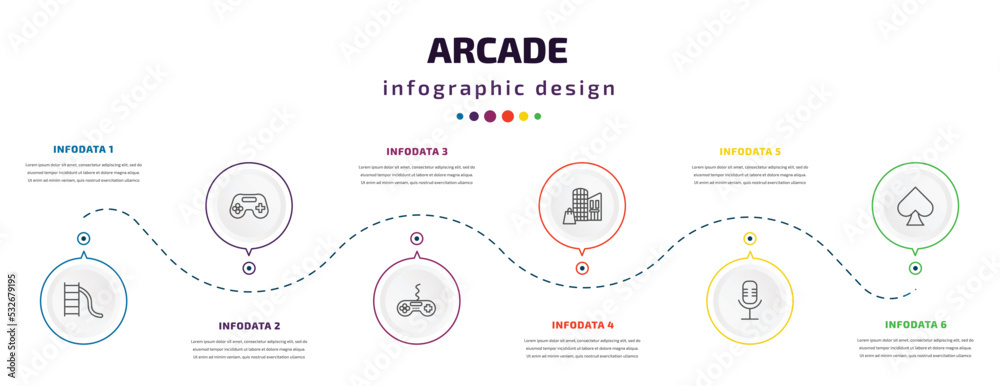 arcade infographic element with icons and 6 step or option. arcade ...