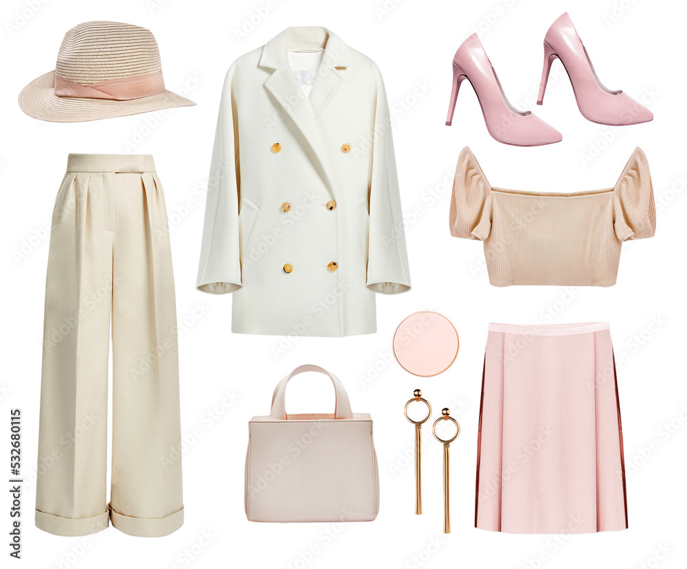Soft colors female clothing collage.Women's apparel fashion clothes set ...