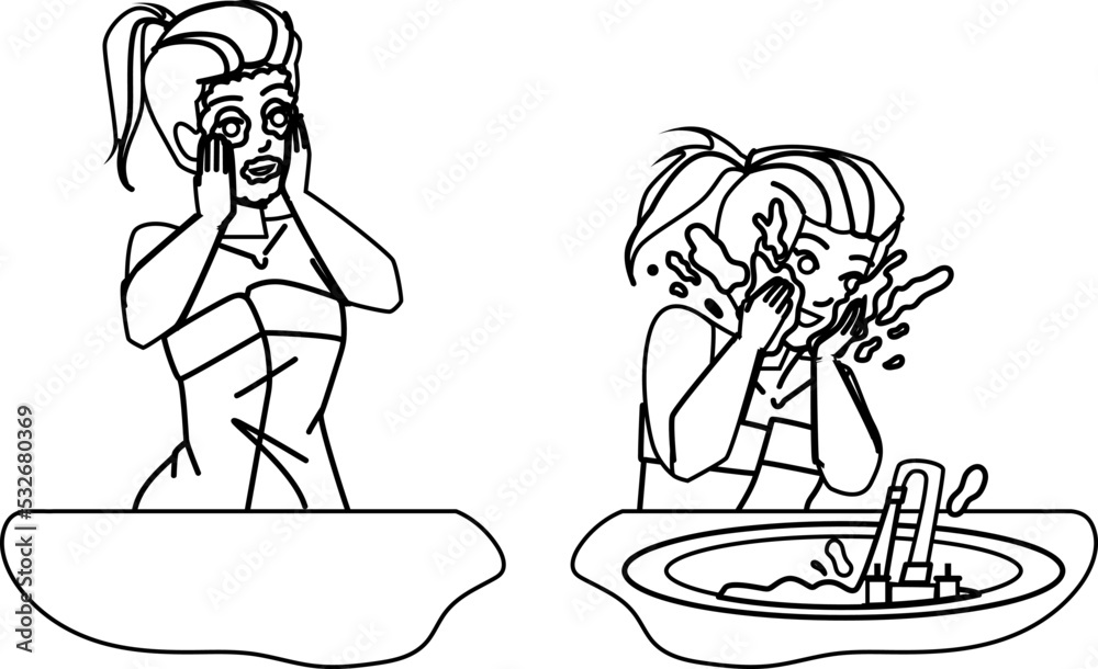 face wash woman line pencil drawing vector. skin facial care girl ...
