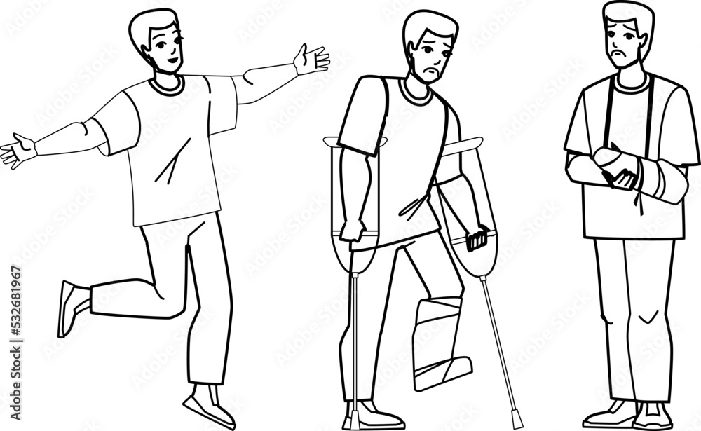 fracture man line pencil drawing vector. leg hand broken, accident ...