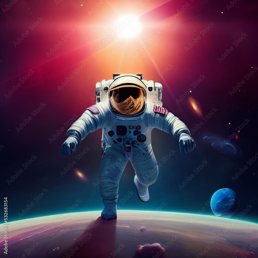 Cartoon style astronaut in space, colorful background Stock ...