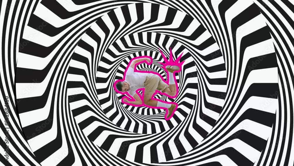 Contemporary art collage. Young excited man running isolated over black ...