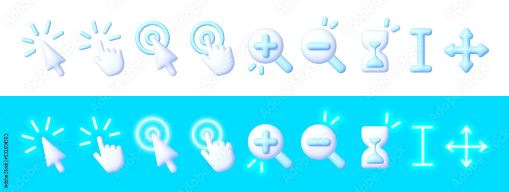 Pointer click icons 3D vector. Set of clicking cursor 3D, pointing hand ...