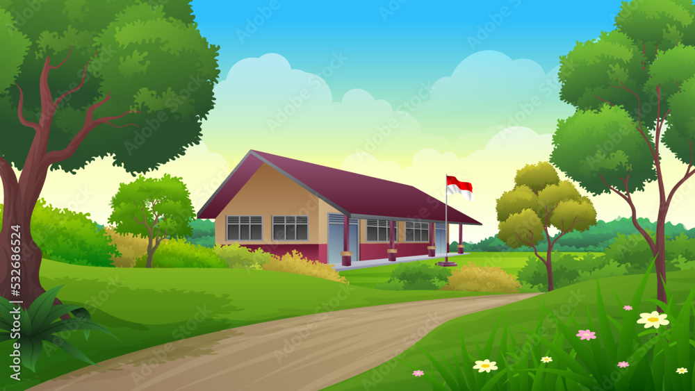 Indonesian elementary school building with dirt road rural landscape ...