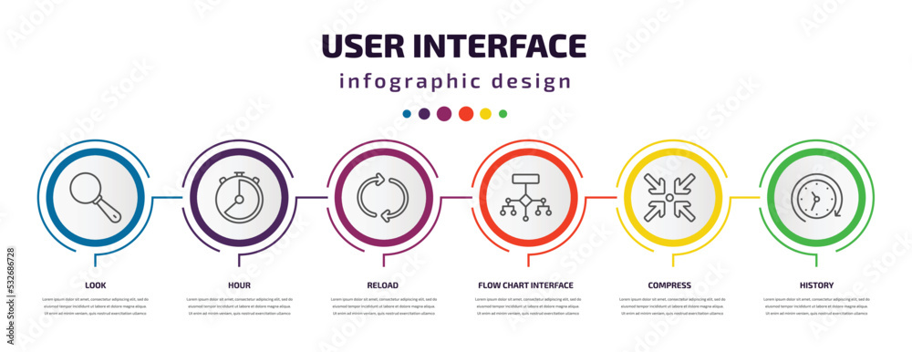 user interface infographic template with icons and 6 step or option. user interface icons such ...