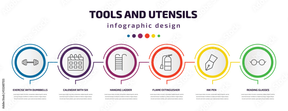tools and utensils infographic template with icons and 6 step or option ...