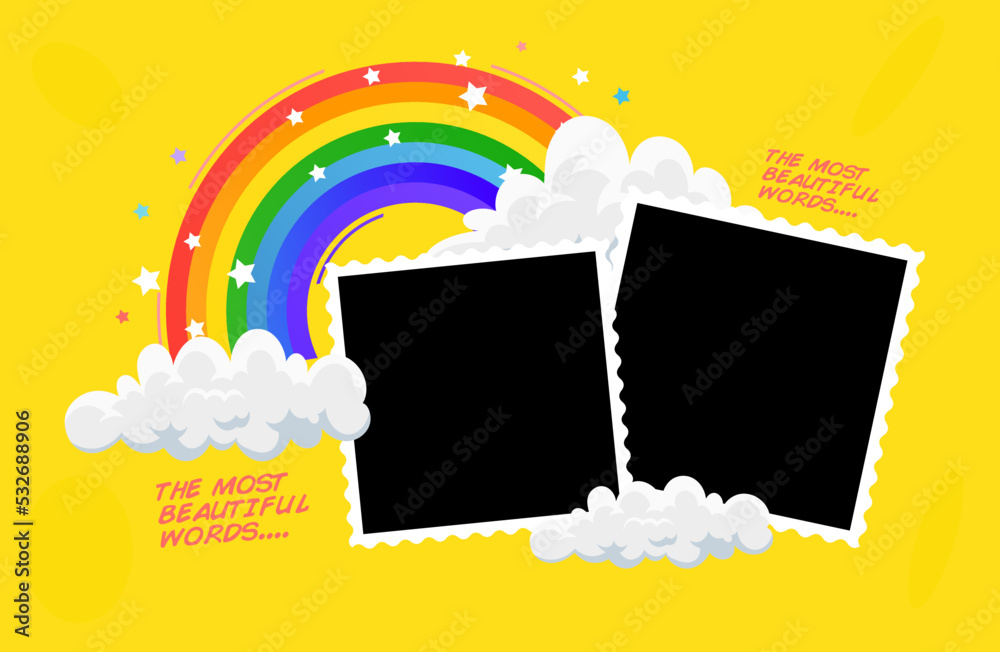 Rainbow with clouds on yellow background, Hand-drawn rainbow with ...