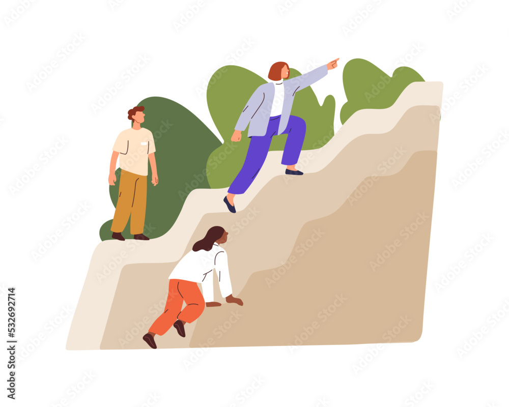 Team climbing up. Leader manager leading staff to top, showing way to ...