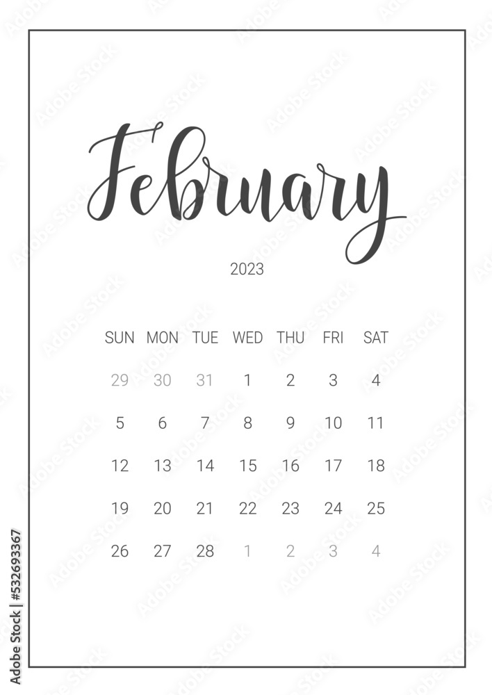Vector Calendar Planner for February 2023. Handwritten lettering. Week ...