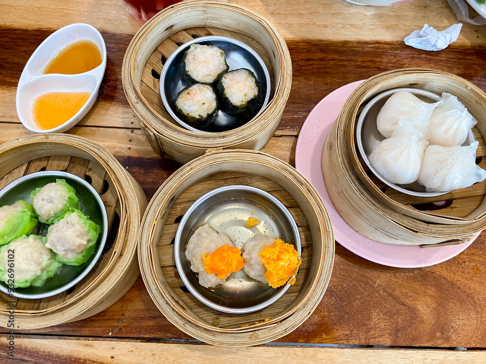 Dim sum, top view and text input area, dim sum (Chinese food) in ...