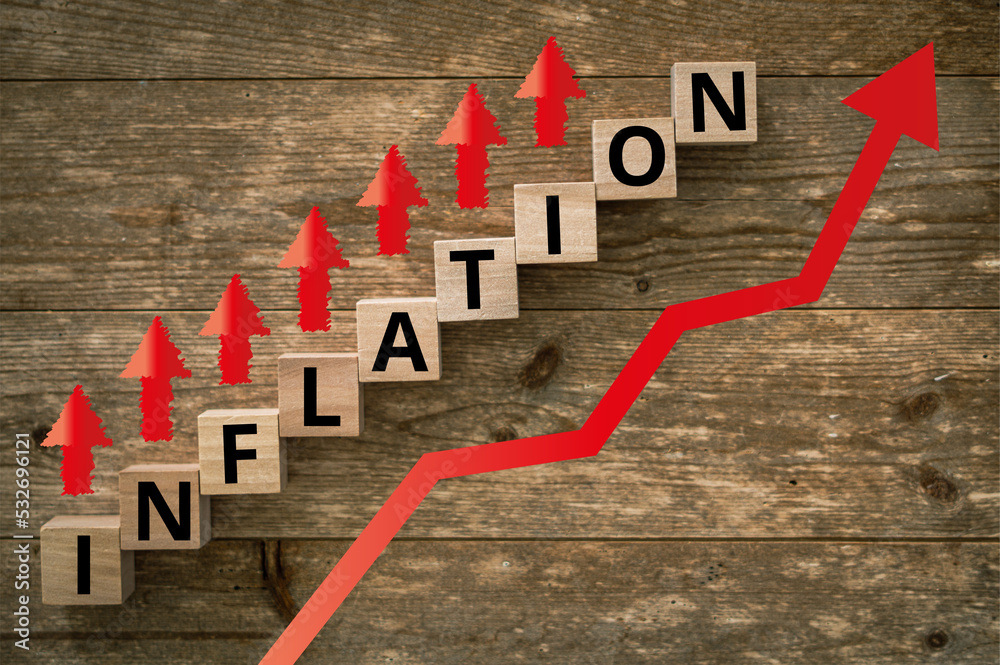 Inflation on wooden background with red arrow pointing upwards Stock ...
