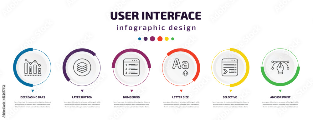user interface infographic element with icons and 6 step or option ...