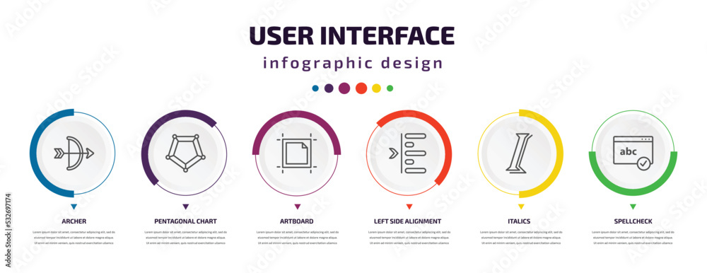 user interface infographic element with icons and 6 step or option ...