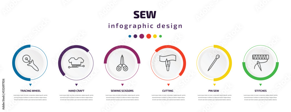 sew infographic element with icons and 6 step or option. sew icons such ...