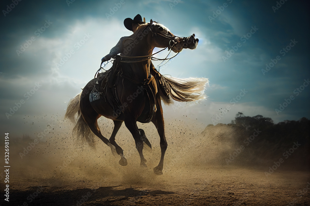 Cowboy riding horseback through the prairies in daylight. Eqeustrian ...