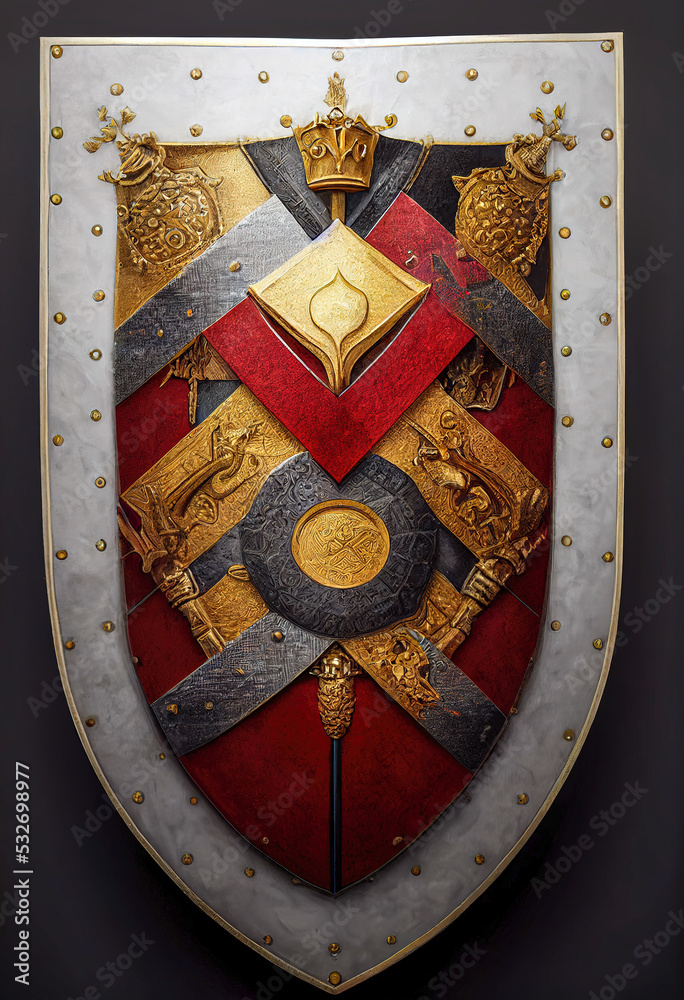 Pointed shield featuring red and gold ornaments and patterns. Royal ...