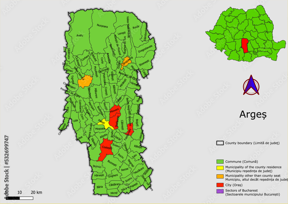 Vector map of the administrative divisions of Arges county with ...