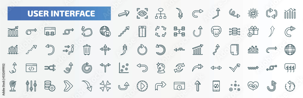 special lineal user interface icons set. outline icons such as 3d forward arrow, right curve ...