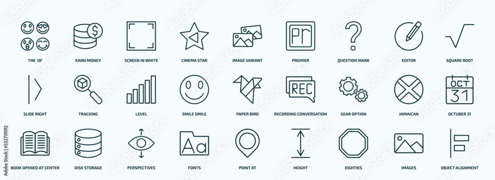 special lineal user interface icons set. outline icons such as the of, cinema star, question ...