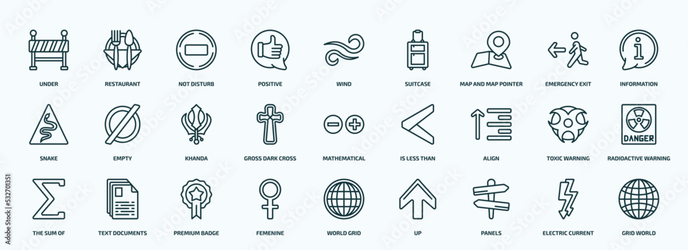 special lineal signs icons set. outline icons such as under, positive ...