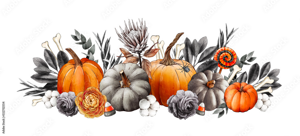ภาพประกอบสต็อก Watercolor Halloween illustration with bright pumpkins ...
