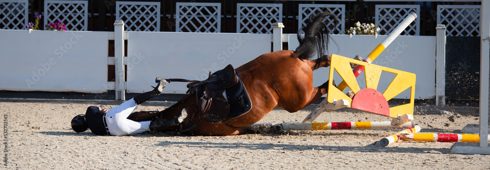 A rider falls from a horse during a show jumping competition. An ...
