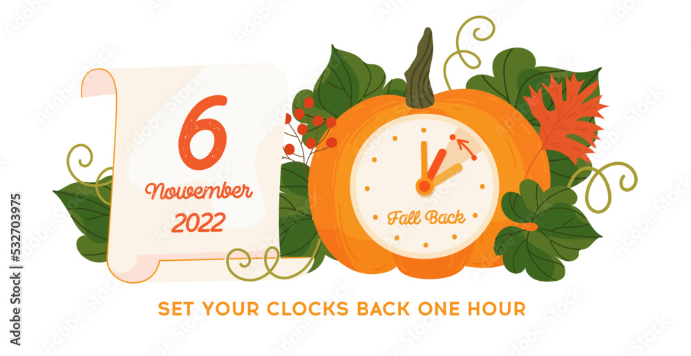 Stockvector Daylight saving time ends 2022, Fall Back banner. Alarm ...