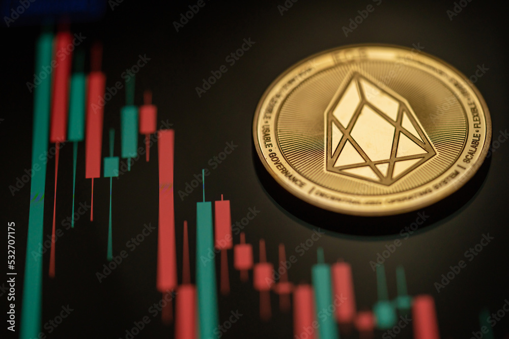 Golden EOS cryptocurrency with candle stick graph chart and digital ...