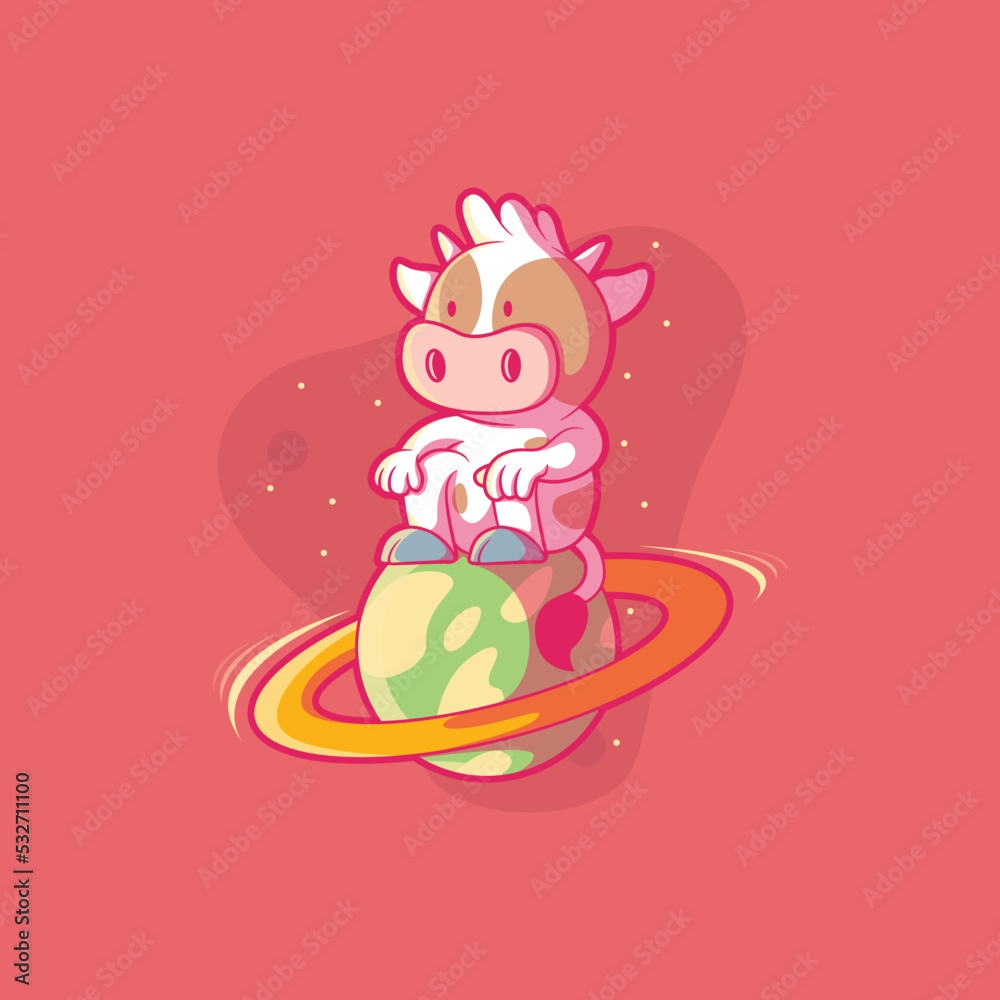 Cow Character on top of a planet in space vector illustration ...