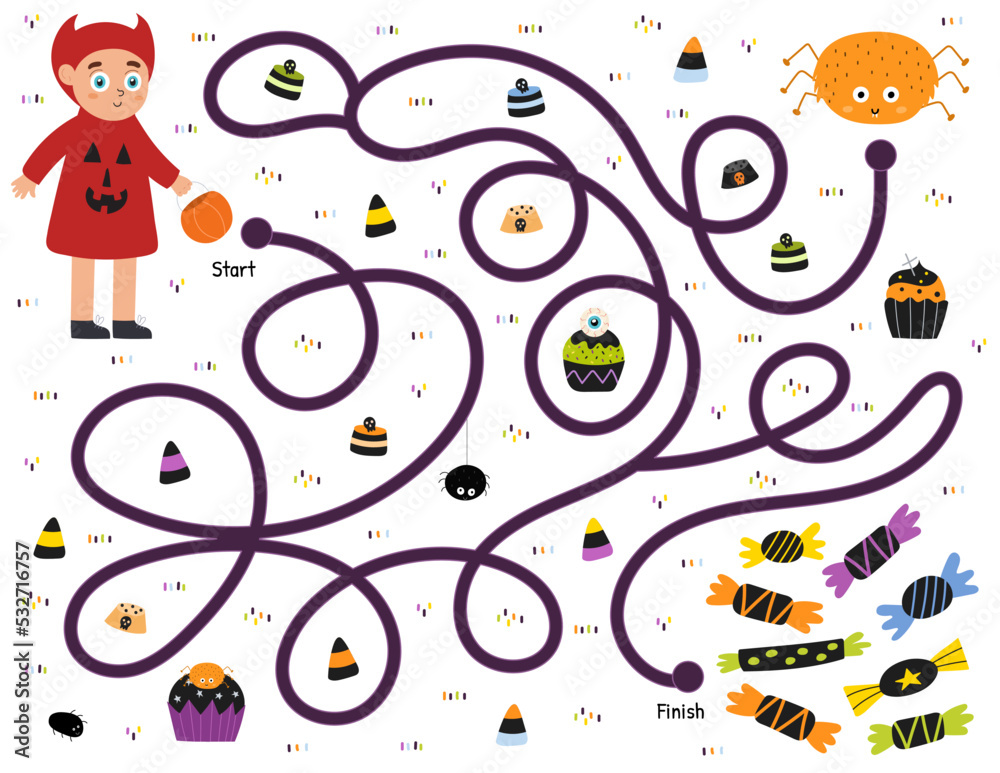 Trick or treat maze game for kids. Help a cute boy in devil costume ...