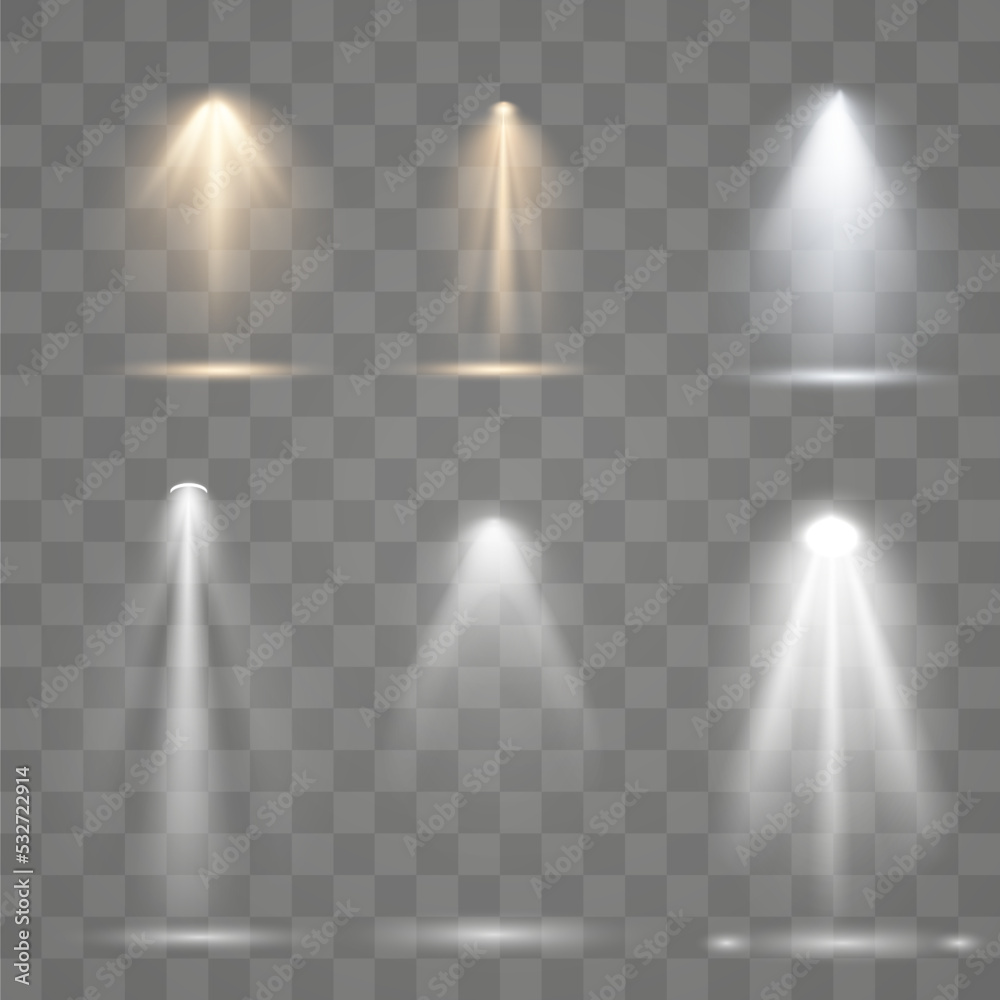 Set of golden spotlight isolated on transparent background. Glowing ...