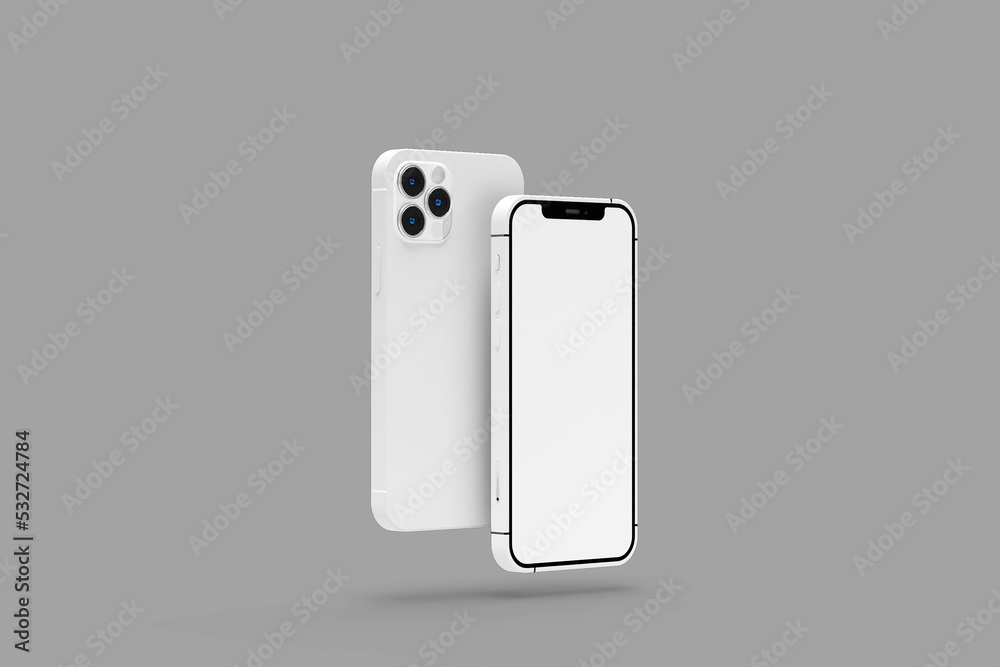 Smartphone with blank white screen, front and back eangle for ...