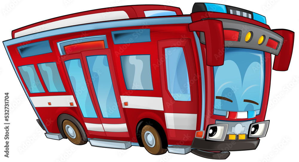 Cartoon funny bus firetruck isolated illustration for children Stock ...