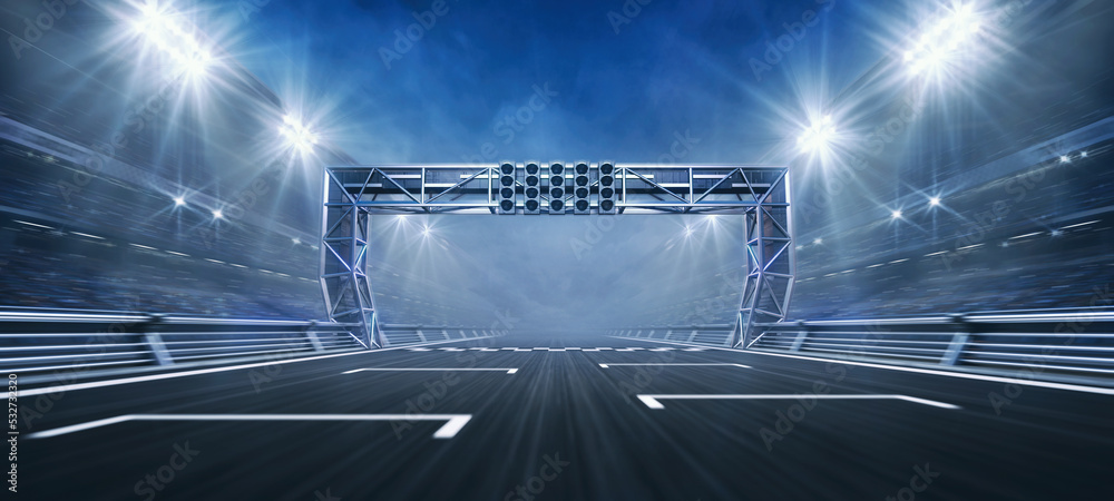 Empty pole position and racetrack finish line with steel gate and ...