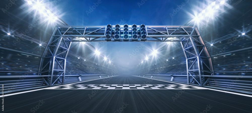 Racing track and checked finish line with steel gate and floodlights ...